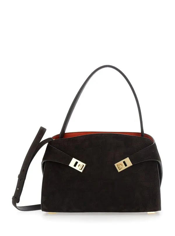 FERRAGAMO Crossbody Bag 'hug Croco' With Adjustable Strap And Crocodile-embossed Leather Effect In Suede For - Brown