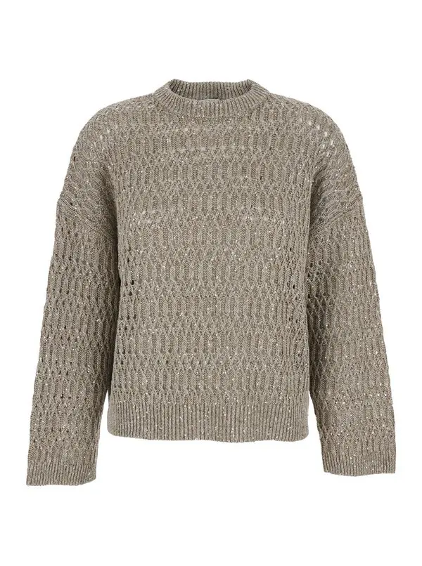 Brunello Cucinelli Beige Round Neck Pull With Round Neck And Long Sleeves In Linen - Multicolor