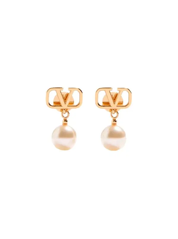 Valentino Garavani Gold Colored Earings With Pearl Pendant And Vlogo Detail In Metal - Multicolor