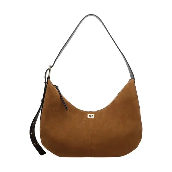 GANNI Medium Suede Hobo Bag With Logo Detail - Brown