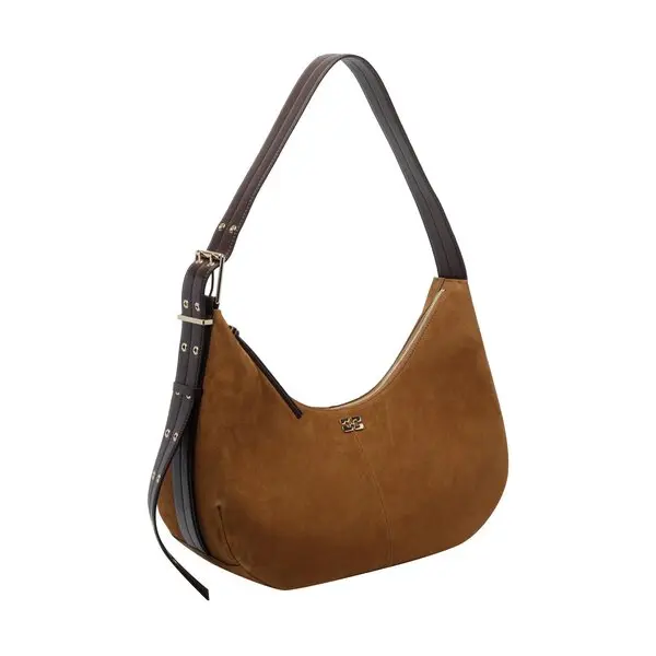 GANNI Medium Suede Hobo Bag With Logo Detail - Brown