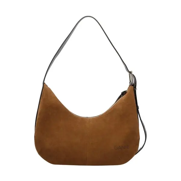 GANNI Medium Suede Hobo Bag With Logo Detail - Brown