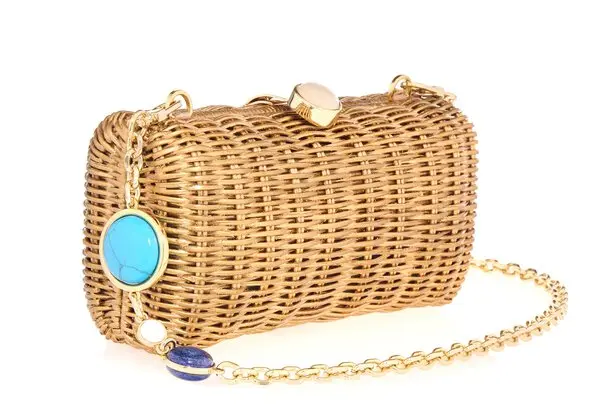 Judith Leiber Poppy Basket Wicker Handbag With Semi-precious Stones