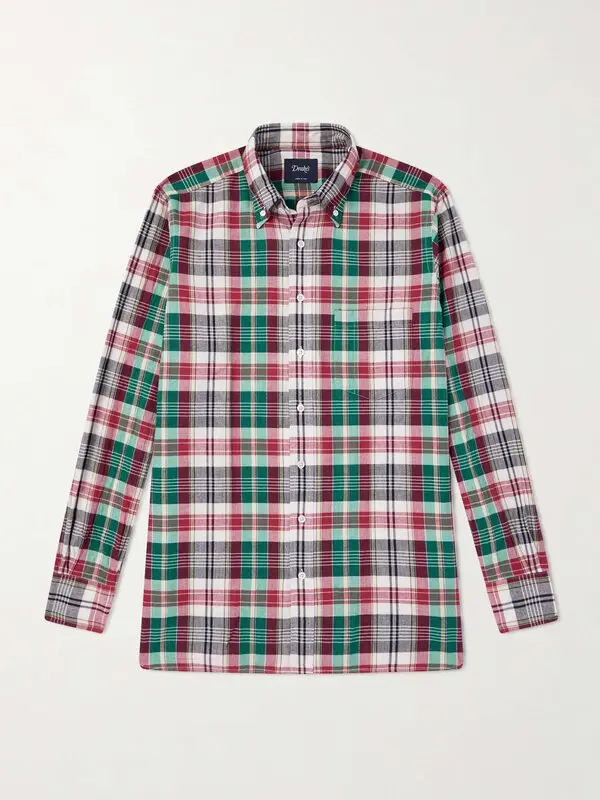 DRAKE'S Button-down Collar Checked Cotton Shirt