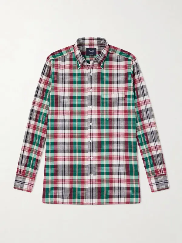 DRAKE'S Button-down Collar Checked Cotton Shirt - Multi