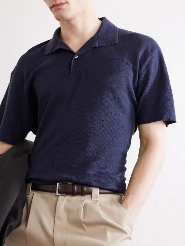 Sunspel Linen-piqué Polo Shirt - Navy