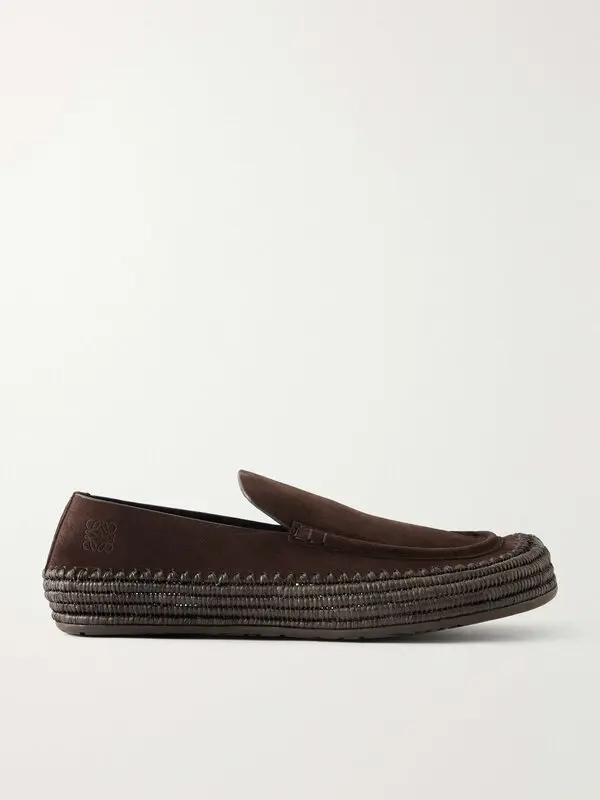 Loewe Paula's Ibiza Rio Raffia-trimmed Suede Loafers - Brown