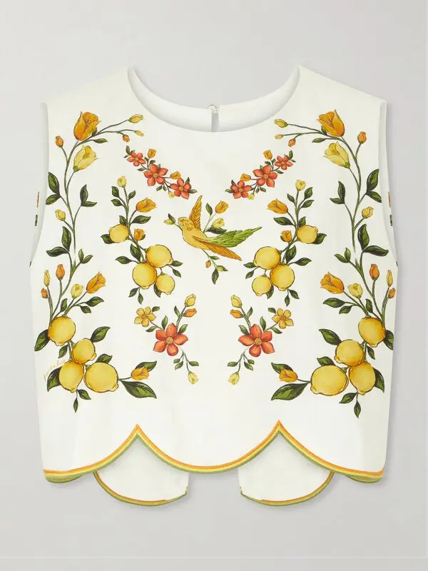 Farm Rio Lemon Bouquet Embroidered Linen-blend Blouse - Neutrals