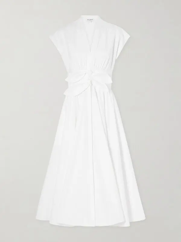 Alaïa Knot-detailed Belted Cotton-poplin Midi Dress - White