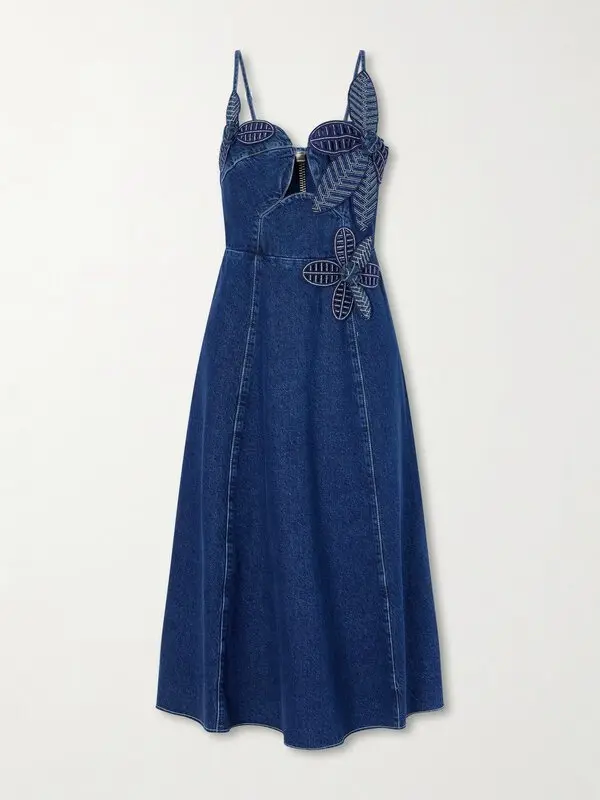Farm Rio Floral-appliquéd Denim Midi Dress - Blue