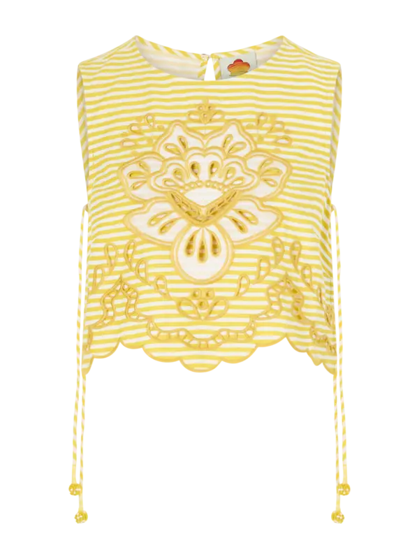 Farm Rio Cropped Striped Linen-blend Broderie Anglaise Tank - Yellow