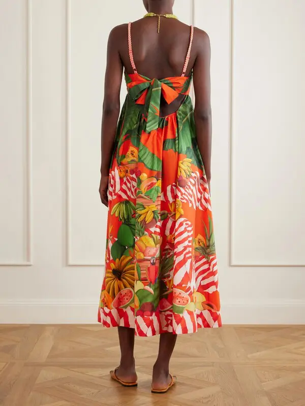 Farm Rio Fruit Trolley Sweetheart Bodice Cotton Midi Dress - Red