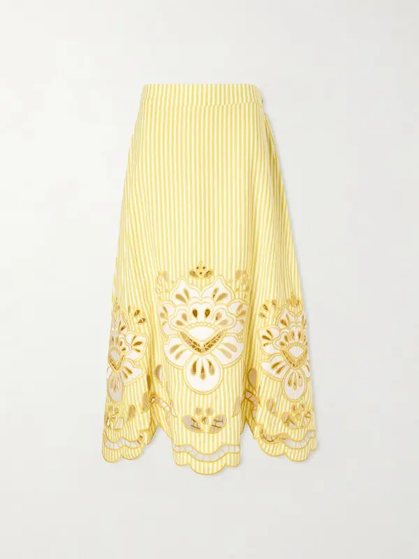 Farm Rio Striped Broderie Anglaise-trimmed Linen-blend Midi Skirt - Yellow