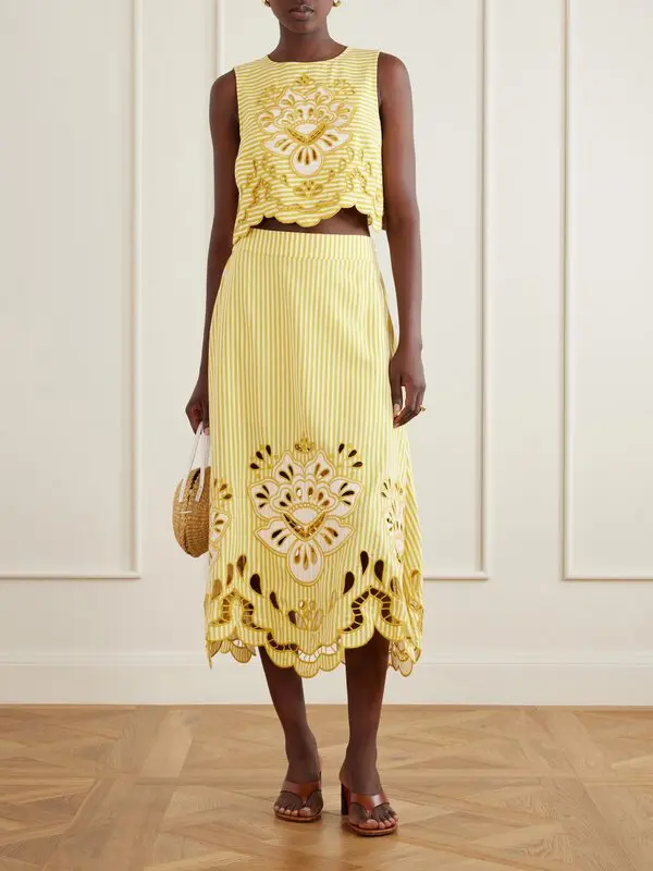 Farm Rio Striped Linen-blend Broderie Anglaise Midi Skirt - Yellow