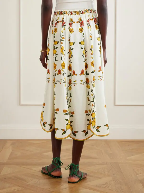 Farm Rio Lemon Bouquet Printed Linen-blend Midi Skirt - Neutrals