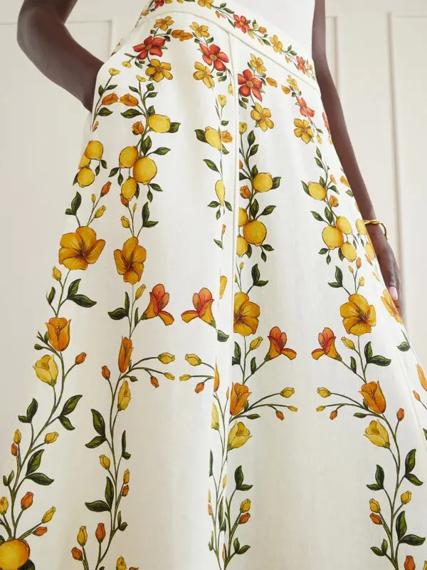 Farm Rio Lemon Bouquet Printed Linen-blend Midi Skirt - Neutrals