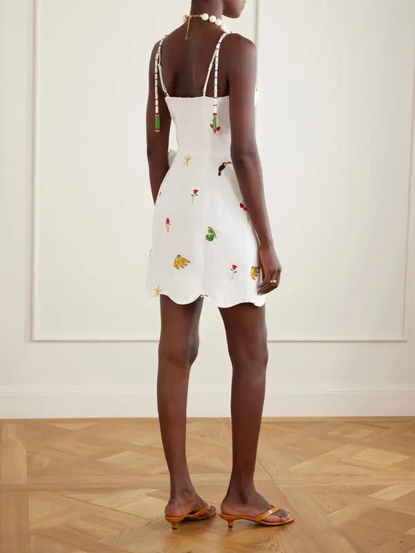 Farm Rio Scalloped Embroidered Linen Mini Dress