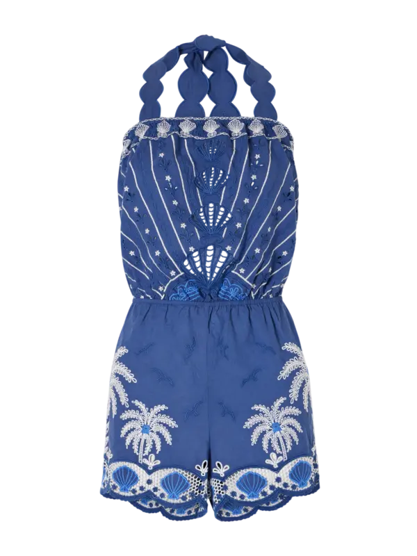 Farm Rio Engineering Scalloped Broderie Anglaise Linen-blend Playsuit - Blue