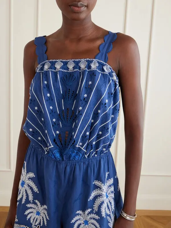 Farm Rio Engineering Scalloped Broderie Anglaise Linen-blend Playsuit
