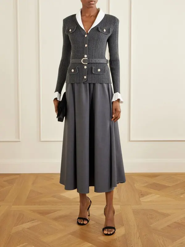 SELF-PORTRAIT Belted Embellished Ribbed-knit And Twill Midi Dress - Gray