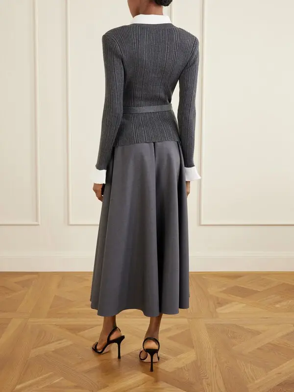 SELF-PORTRAIT Belted Embellished Ribbed-knit And Twill Midi Dress - Gray