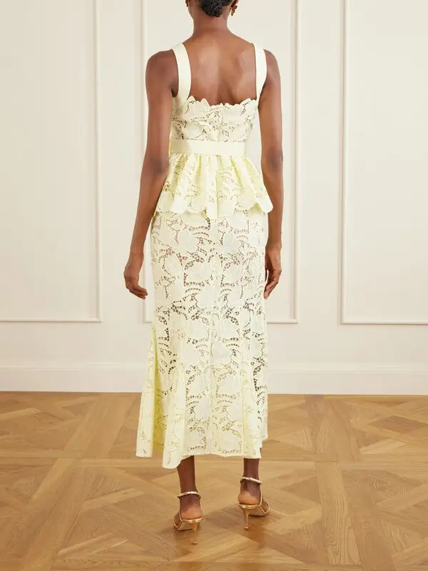 SELF-PORTRAIT Belted Lace Peplum Midi Dress - Yellow