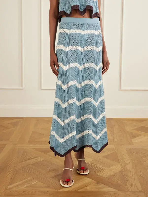 La DoubleJ Chevron Scalloped Pointelle-knit Cotton Maxi Skirt - Blue