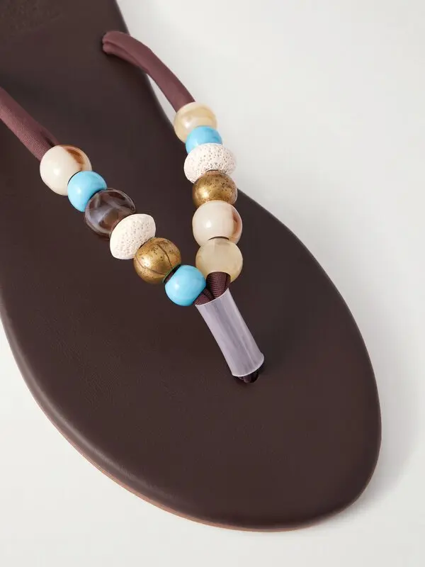 ANCIENT GREEK SANDALS Saionara Bead-embellished Leather Flip Flops - Brown