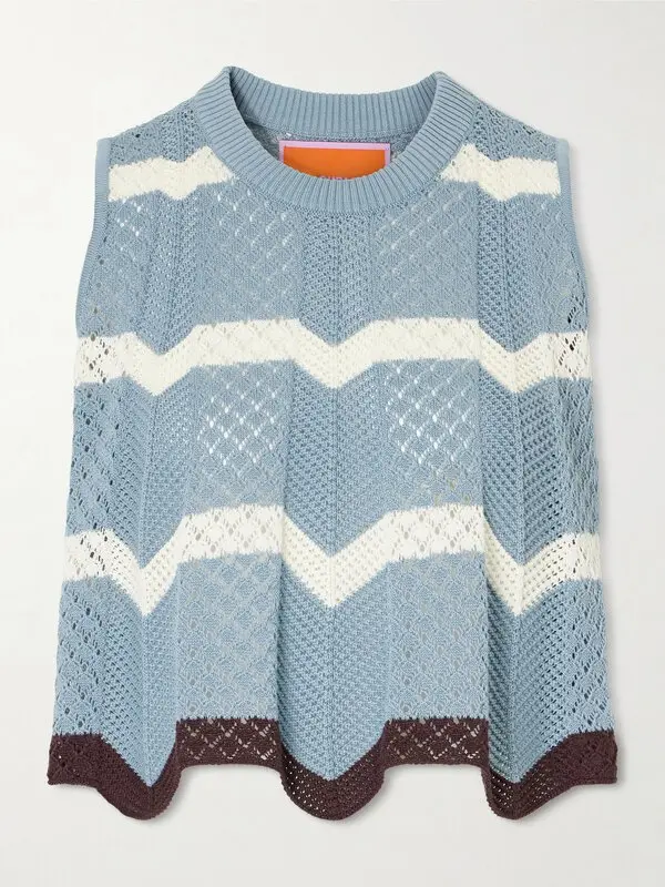 La DoubleJ Scalloped Striped Pointelle-knit Cotton Tank - Blue