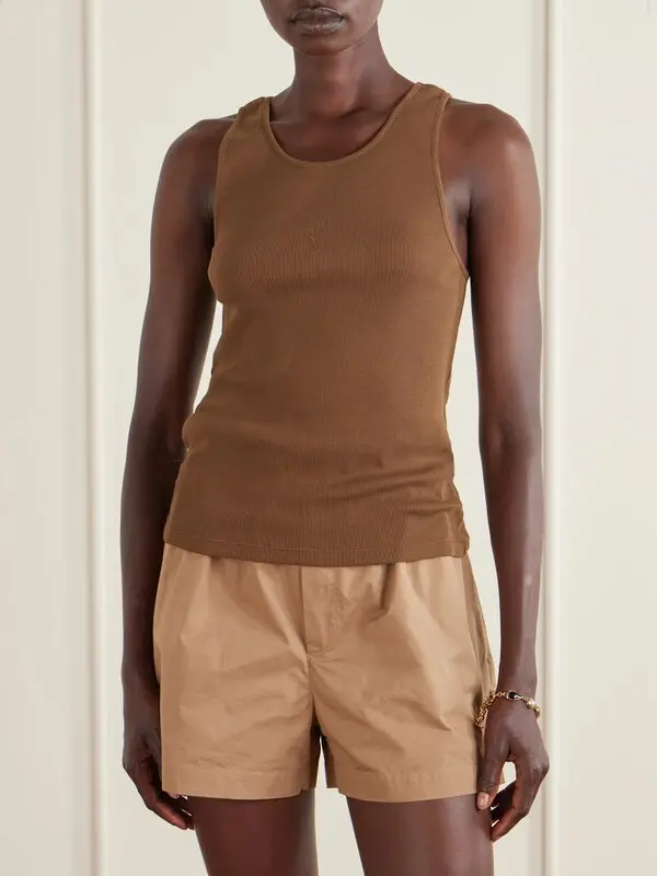 Saint Laurent Cassandre Embroidered Ribbed Cotton-jersey Tank - Brown