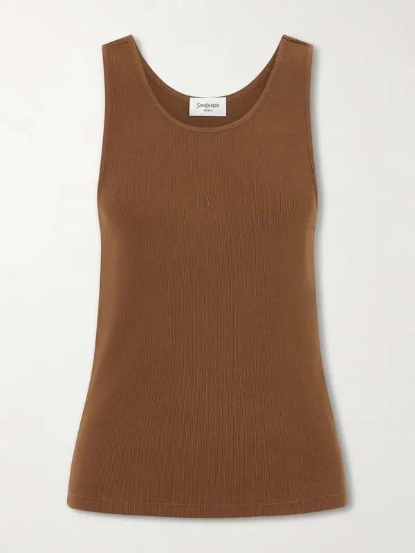 Saint Laurent Cassandre Embroidered Ribbed Cotton-jersey Tank - Camel