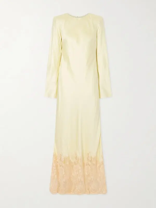 SELF-PORTRAIT Lace-trimmed Satin Maxi Dress - Yellow