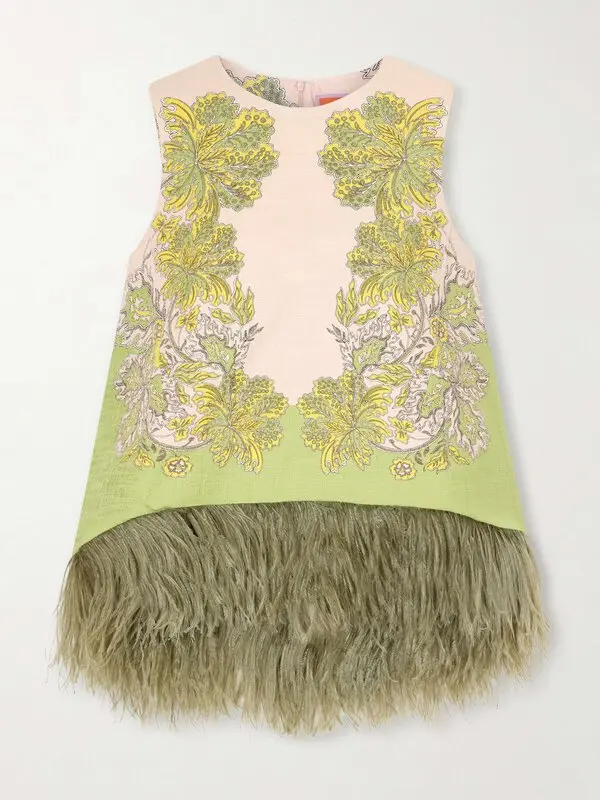 La DoubleJ La Scala Printed Feather-trimmed Cotton-blend Top - Blush