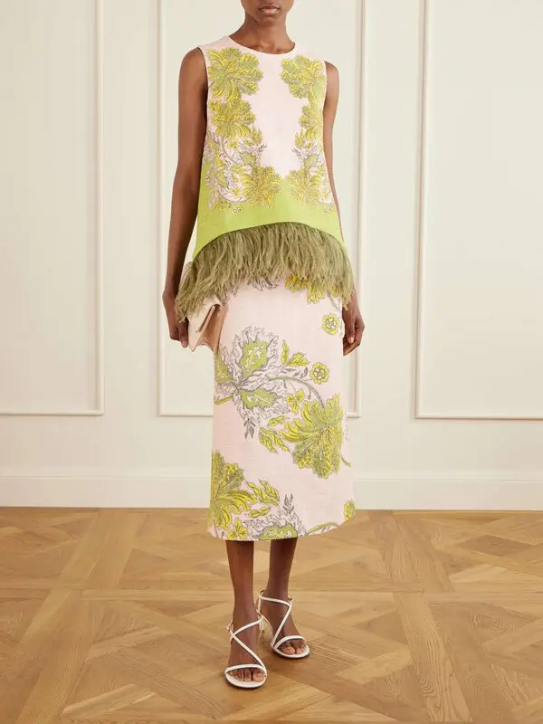 La DoubleJ La Scala Printed Feather-trimmed Cotton-blend Top - Blush
