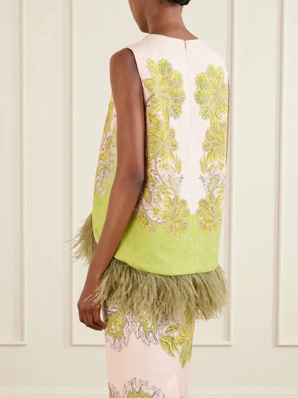 La DoubleJ La Scala Printed Feather-trimmed Cotton-blend Top - Blush