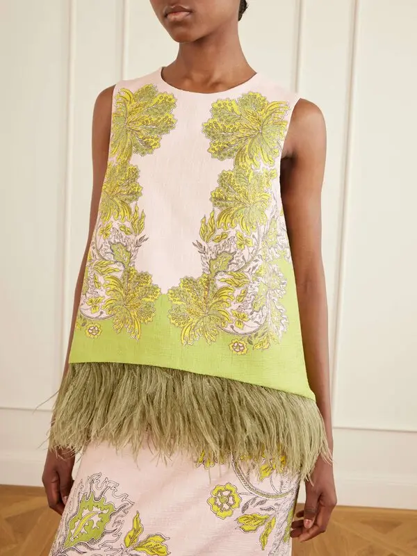 La DoubleJ La Scala Printed Feather-trimmed Cotton-blend Top - Blush