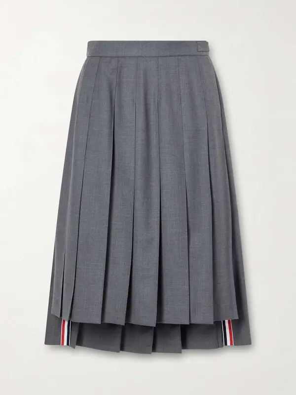 Thom Browne Asymmetric Grosgrain-trimmed Pleated Wool Midi Skirt