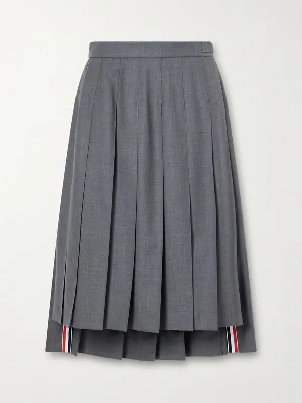 Thom Browne Asymmetric Grosgrain-trimmed Pleated Wool Midi Skirt - Gray