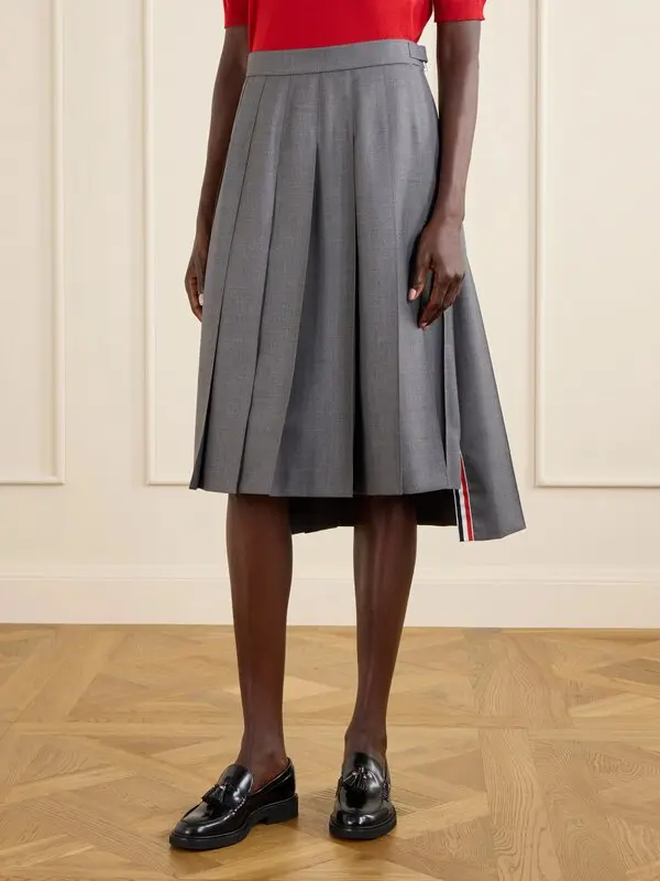 Thom Browne Asymmetric Grosgrain-trimmed Pleated Wool Midi Skirt