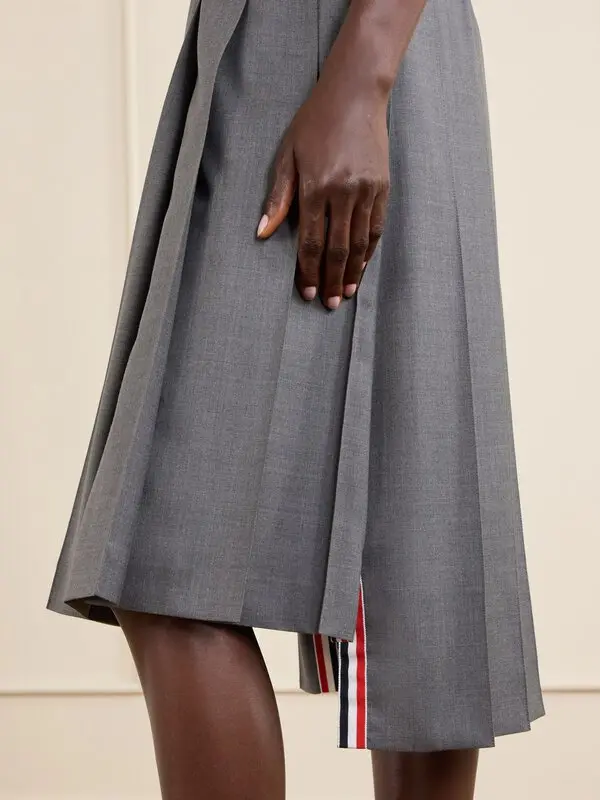Thom Browne Asymmetric Grosgrain-trimmed Pleated Wool Midi Skirt