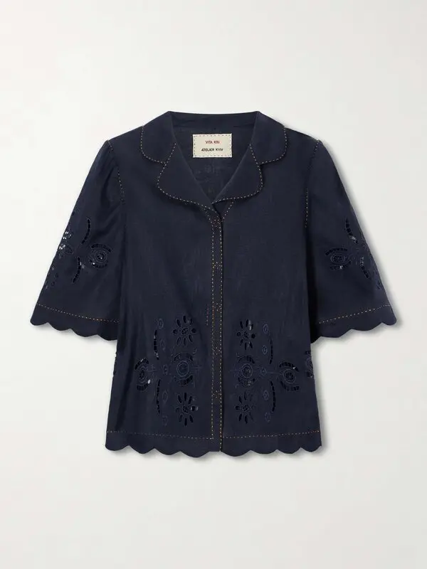 Vita Kin Linen Broderie Anglaise Shirt - Navy