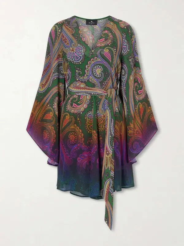 Etro Belted Paisley-printed Jersey Mini Dress - Navy