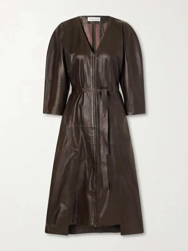 Victoria Beckham Dolman Belted Leather Midi Dress - Brown