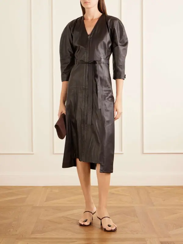 Victoria Beckham Dolman Belted Leather Midi Dress