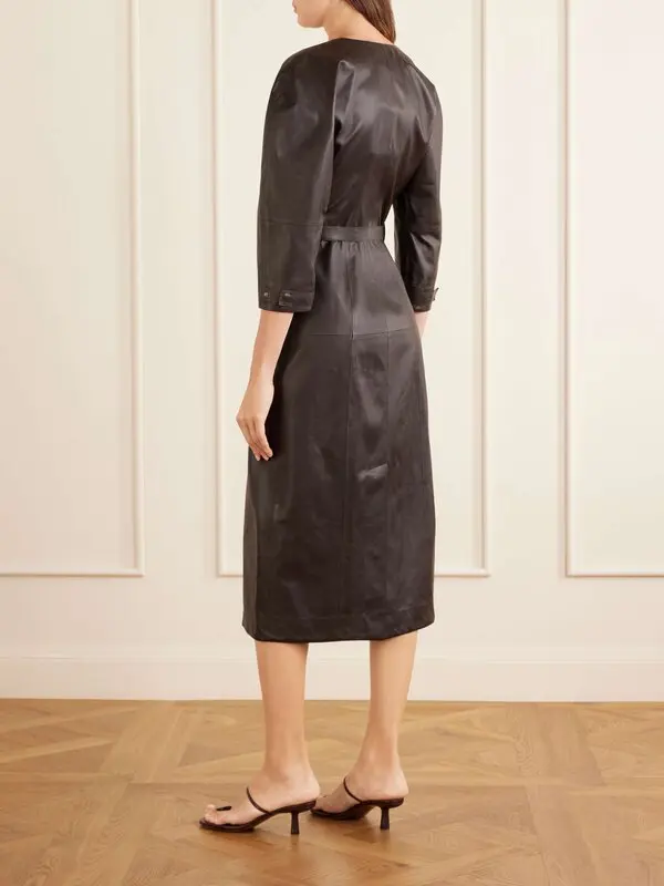 Victoria Beckham Dolman Belted Leather Midi Dress