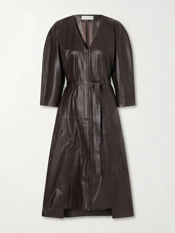 Victoria Beckham Dolman Belted Leather Midi Dress - Brown