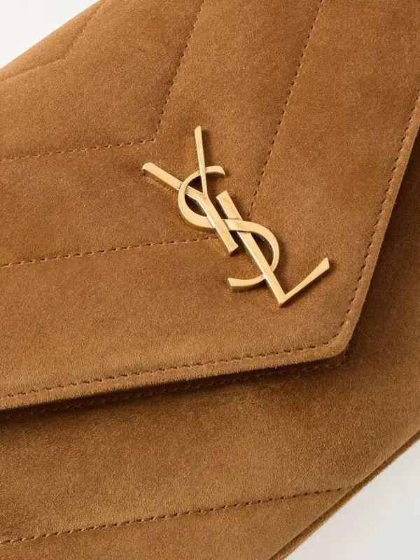 Saint Laurent Loulou Cassandre Embellished Suede Shoulder Bag - Camel