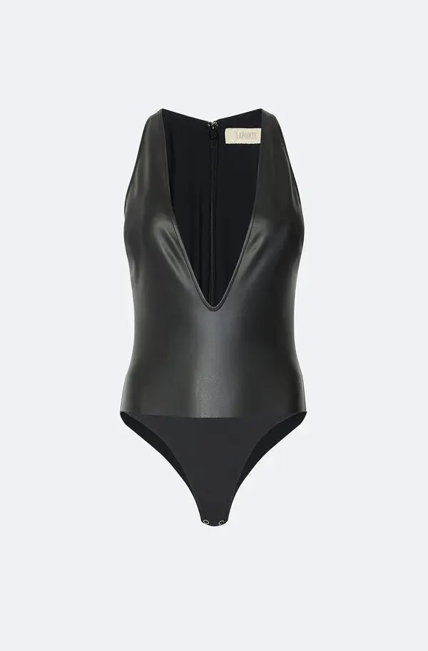 Lapointe Stretch Faux Leather Plunge Neck Bodysuit - Black