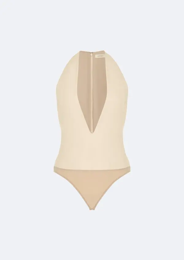 Lapointe Stretch Faux Leather Plunge Neck Bodysuit - Ecru