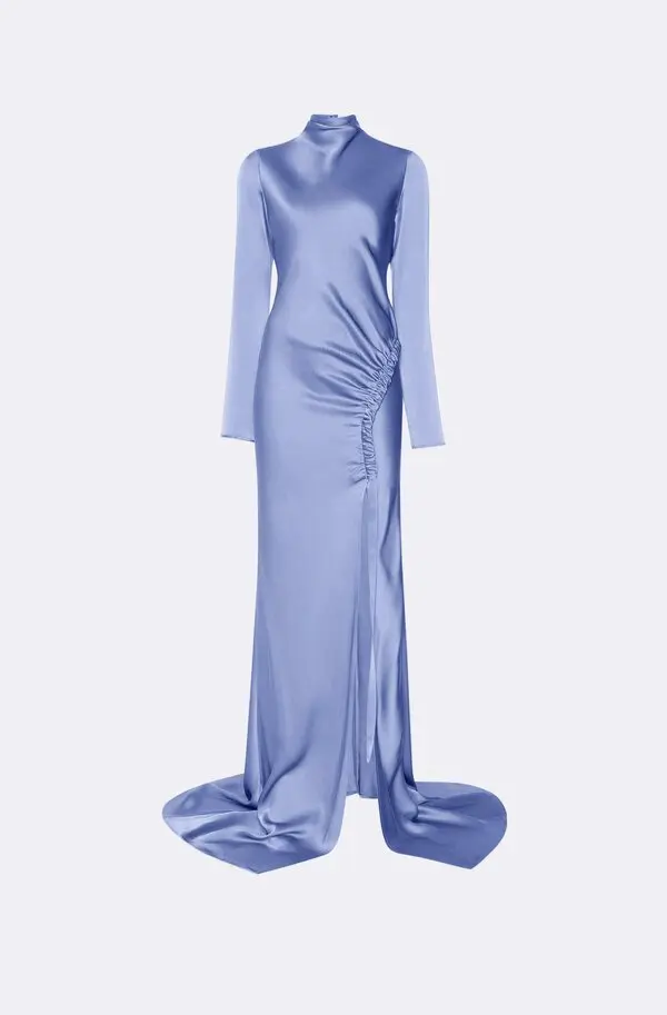 Lapointe Bias Cut Satin Gown With Slit And Shirring Detail - Periwinkle